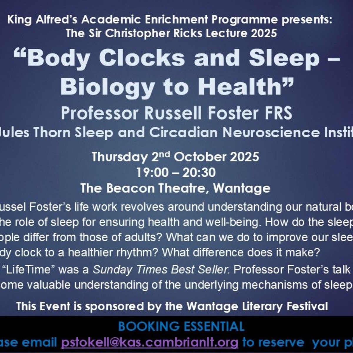 King Alfred's Academy - Sir CBR Talk - Sleep and body clocks All welcome